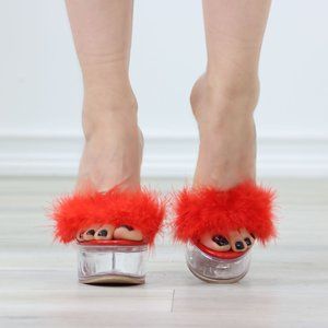 Shoes | Clear Platform Heels Slip On Open Toe Red Fuzzy Fluffy Pom Pom ...